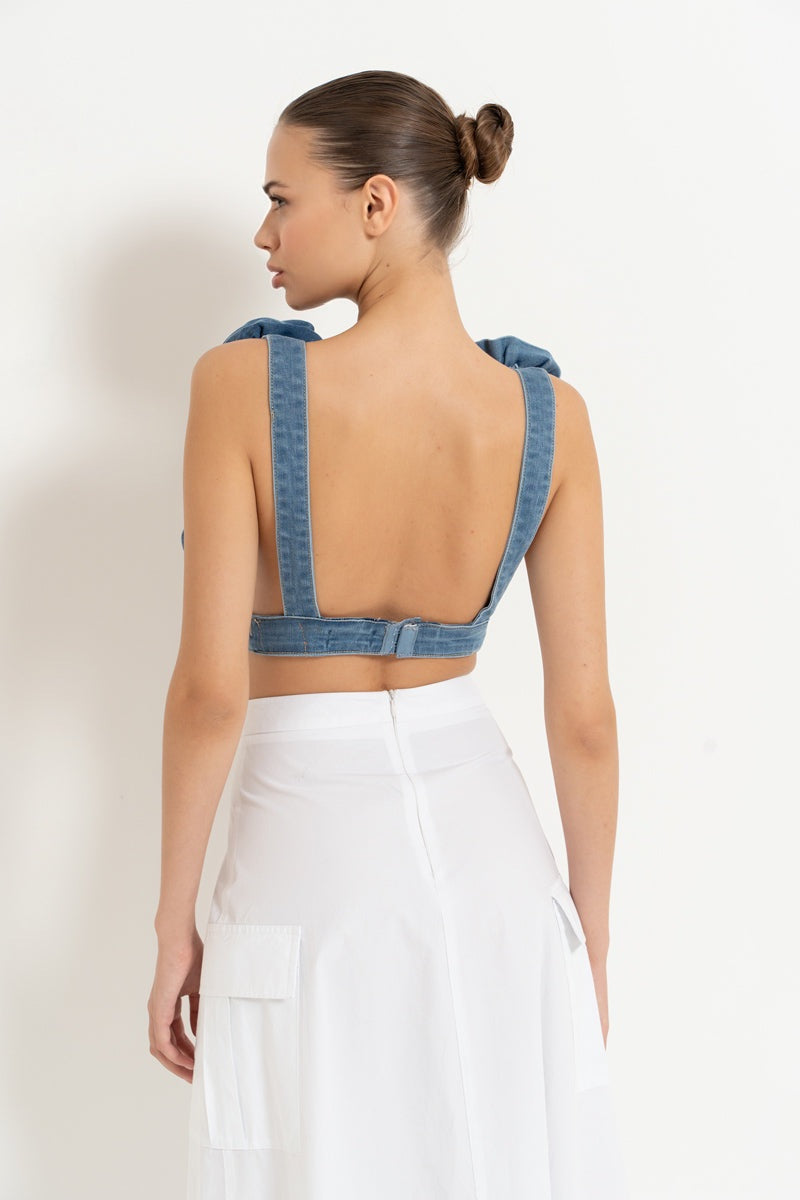 Blue Denim Rose-Accent Low Cut Top – BOUGIE GLITTER