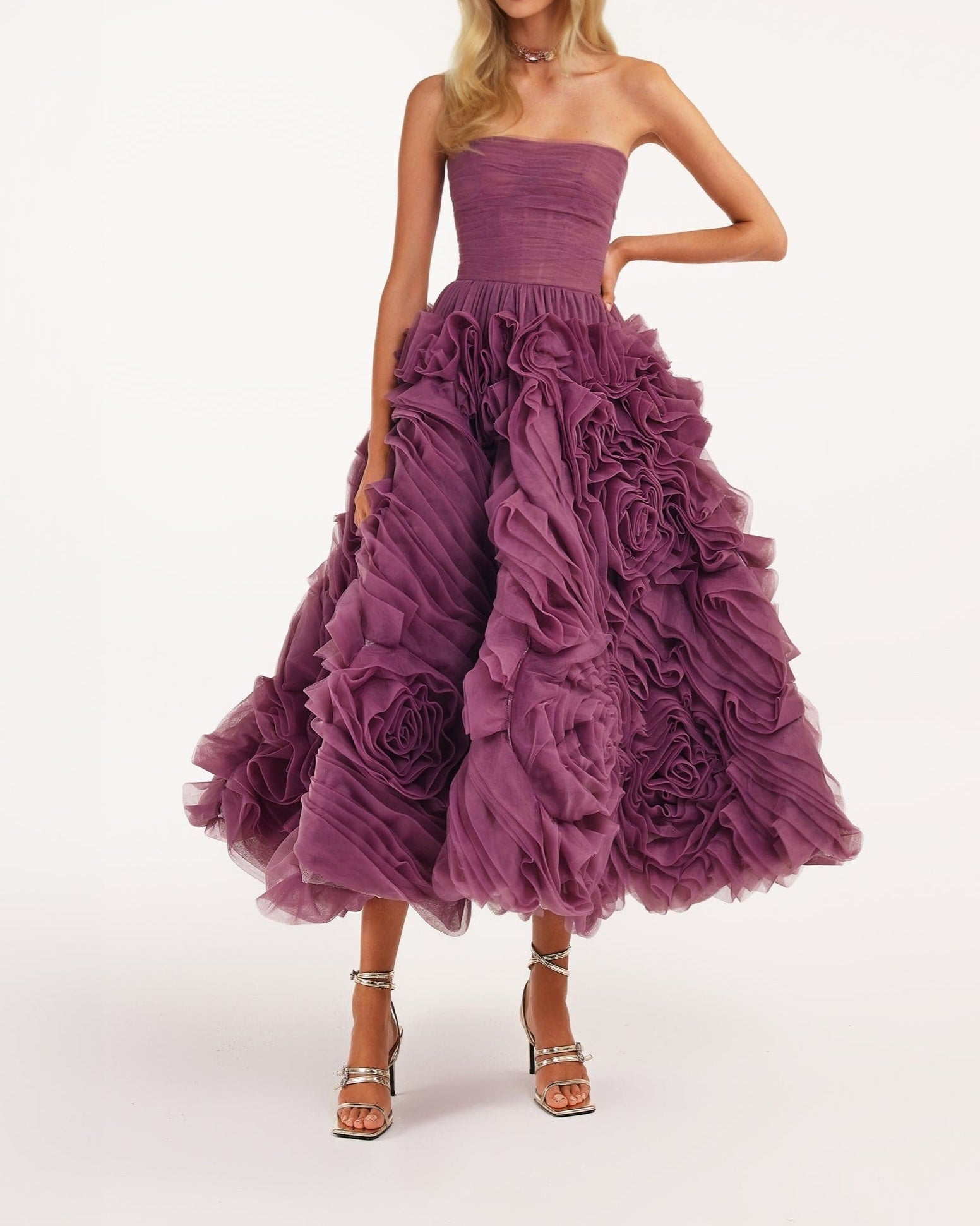 Strapless Rose Ruffle Tulle Midi Dress – BOUGIE GLITTER