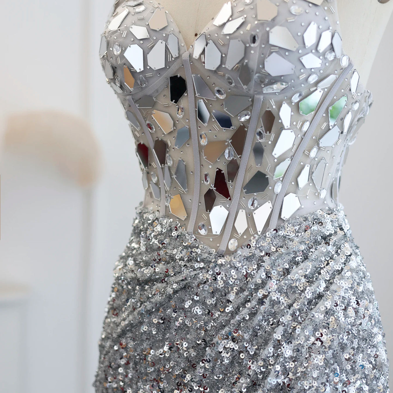 Sequin Mirror Rhinestone Embellished Sheer Corset Evening Dress ...